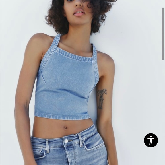 Zara | Tops | Zara Denim High Neck Open Back Crop Top | Poshmark